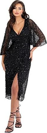 Maya Womens Midi Ladies Sequin Embellished Cape Sleeve Wrap Dress for Wedding Guest Bridesmaid Cocktail Prom Evening Robe, Black, 40 Femme