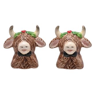 Widdop and Co Widdop Salz- und Pfefferstreuer Highland Cow, weihnachtliches Keramik-Design mit Stechpalmen-Detail, saisonales K&uuml;chengeschirr und Esszubeh&ouml;r