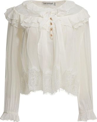 Self Portrait Femme, Blouses et Chemises, Blanc, Taille: 40 FR Chemisier en georgette et dentelle