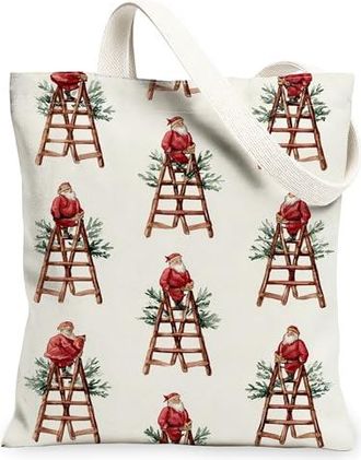 Generic Sacs fourre-tout en toile de vacances, motif &eacute;chelle de P&egrave;re No&euml;l, sacs &agrave; provisions r&eacute;utilisables, mignons, vintage, l&eacute;gers, lavables, Blanc, 13x15 I