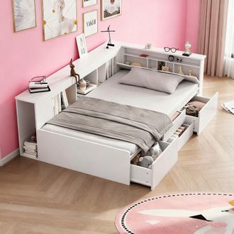 Generic Kinderbett,90 * 200cm,Einzelbett,Multifunktionales Kinderbett mit Schubladen,Bücherregal und Stauschrank,Bettkasten mit Stauraum,ohne Matratze,weiß
