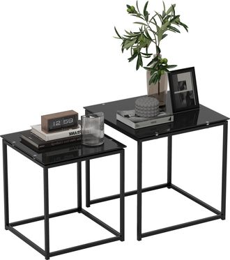 HOMCOM Beistelltisch 2er-Set, Couchtisch-Set, Kaffeetisch mit Tischplatte aus Verst&auml;rktem Glas, Quadratischer Sofatisch Satztisch f&uuml;r Schlafzimmer, Wohnzimme