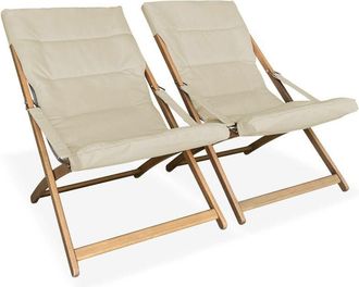 Sweeek Lot de 2 chiliennes beige en bois. pliables. assise rembourr&eacute;e