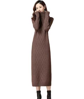Generic Robe pull &agrave; col haut pour femme - Robe dhiver &eacute;paisse en tricot torsad&eacute;, marron, M