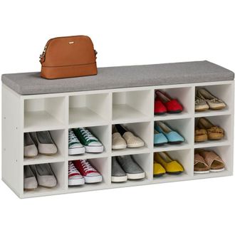 Relaxdays Relaxdays Banc à chaussures, 15 compartiments, H x L x P : 48 x 105 x 30 cm, pour lentrée ou la chambre, blanc et gris