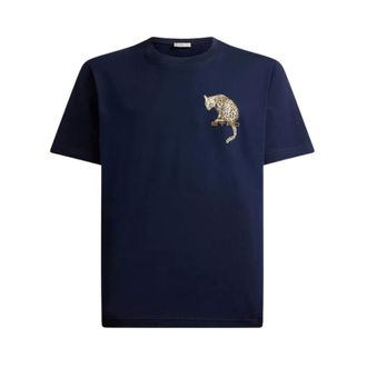 Etro Homme, Tops, Bleu, Taille: S T-shirt en coton avec imprim&eacute; l&eacute;opard et broderie