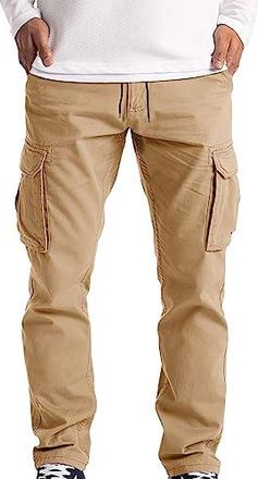 Generic Pantalon cargo pour homme Coupe ample Coupe droite Pantalon cargo Multi poches Printemps Automne Loisirs Pantalon, kaki, 3XL