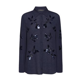 Elena Miro Floral Pailletten Crepe Viscose Hemd - - Blouses & Shirts - Damen - Blau - M
