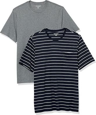 Amazon Essentials T-shirt coupe droite à encolure ronde et manches courtes, avec poche Homme, Lot de 2, Bleu Marine Rayures/Gris Chiné, XXL