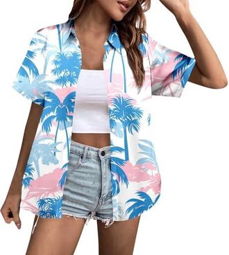 Generic Chemise hawa&iuml;enne tropicale pour femme - Palmier hawa&iuml;en - Cara&iuml;bes - Chemise d&eacute;t&eacute; d&eacute;contract&eacute;e &agrave; manches courtes - Boutons - Vacances - Flamant rose 