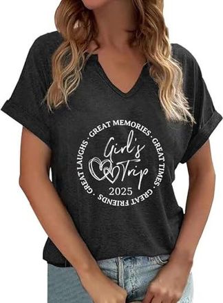 Generic T-shirt d&eacute;t&eacute; ample pour femmes 2025 avec col en V pour femmes, haut de gym, sorties, t-shirt graphique d&eacute;contract&eacute;, mignon, vacances, t-shirts basique