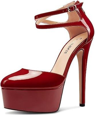 Castamere Femmes Aiguille Haut High Plate-Forme Talon Heel Rond Bout Lani&egrave;res Cheville Escarpins Mariage Danse Dress 15 CM Heels Rouge Bourgogne 39 EU
