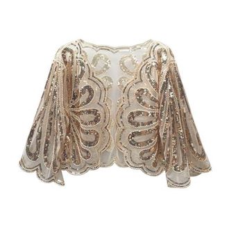 Generic Cardigan r&eacute;tro des ann&eacute;es 1920 pour femme - &Eacute;l&eacute;gante cape &agrave; paillettes l&eacute;g&egrave;re ouverte sur le devant mince v&ecirc;tement dext&eacute;rieur coupe ajust&eacute;e, beige, Ta