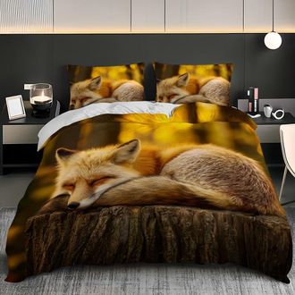 Generic Bettw&auml;sche-Sets 240x220 cm Waldtier Fuchs Bettbezug Mikrofaser mit Rei&szlig;verschluss, Weich Leicht zu reinigen Bettw&auml;sche Gelbgr&uuml;N 3teilig f&uuml;r Kinder Tee