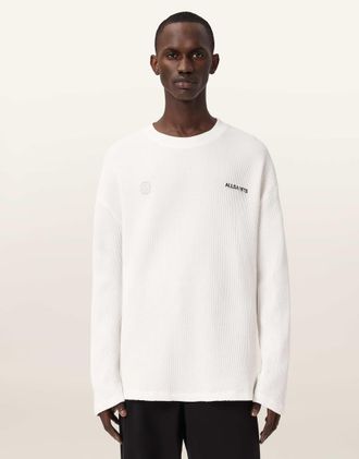AllSaints Emblem - Lang&auml;rmliges Shirt in Cottage-Wei&szlig; mit Rundhalsausschnitt