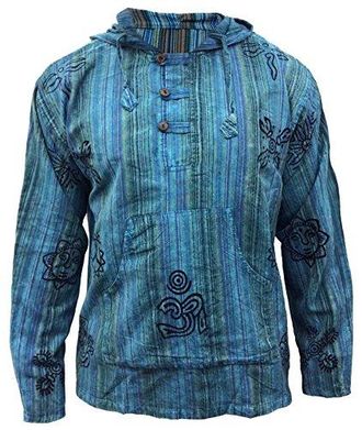 Shopoholic Fashion Hommes délavéà Rayures à Capuche Hippie Chemise Grand-père - Turquoise, XXXX-Large
