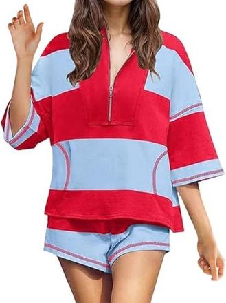 Generic Ensemble dentra&icirc;nement 2 pi&egrave;ces pour femme &agrave; rayures surdimensionn&eacute; assorti avec chemise et short &agrave; fermeture &eacute;clair 1/4, rouge past&egrave;que, XXL