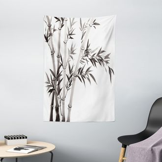 Abakuhaus Grau Wandteppich, Traditionelle Bambusblätter, Wohnzimmer Schlafzimmer Heim Seidiges Satin Wandteppich, 100 x 150 cm, Weiß Grau