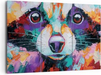 Arttor Mehrteilige Bilder auf Leinwand 165x110cm Leinwandbild Waschbär Bunt Öl Groß XXL Wanddeko Bild Schlafzimmer Set 3 teilige Wandbilder Dekoration Wohnzi