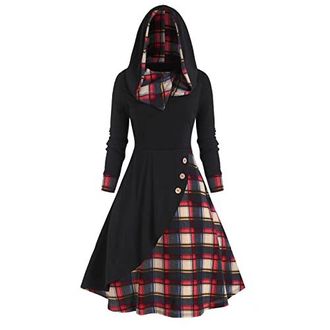 Generic Robe Habill&eacute;E Femme Robe d&eacute;contract&eacute;e pour Femmes &agrave; Manches Longues avec Capuche et Motif &agrave; Carreaux Style Swing (Black, XXL)