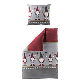 BIERBAUM Feinbiber Bettw&auml;sche Wichtel Sterne Grau Rot 135x200 cm mit Kissenbezug 80x80 cm, kuschelig warme Winterbettw&auml;sche aus 100% Baumwolle, weicher Biberfl