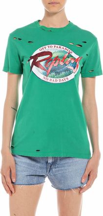 Replay Damen T-Shirt Kurzarm Destroyed Look, Oasi Green 231 (Gr&uuml;n), M