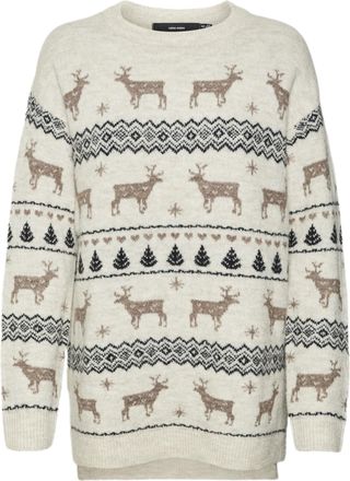 Vero Moda Damen Vmdeers Ls O-Neck H/L Long Pull. Xmas Strickpullover, Birch/Detail:W. Brown Lentil+Black, S