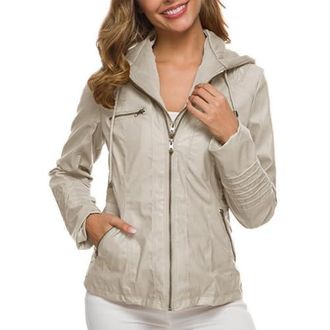 Generic Veste courte pour femme, manteau à capuche amovible avec définition de la taille et plusieurs poches zippées pour un style décontracté, beige, 6XL