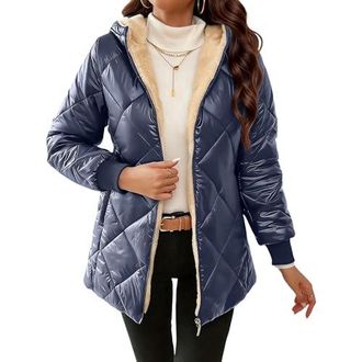 Generic Veste matelass&eacute;e &agrave; capuche en polaire doubl&eacute;e Sherpa &agrave; manches longues pour femme, bleu marine, XXL
