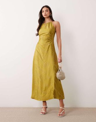 Vero Moda Robe longue en satin textur&eacute; &agrave; taille cintr&eacute;e - Vert olive