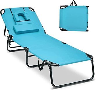 Giantex Chaise longue pliable pour bronzage avec trou pour le visage et oreiller amovible, dossier et repose-pieds réglables, fauteuil portable pour piscine e