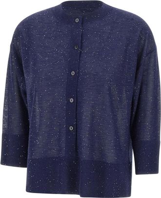 KANGRA Femme, Pulls, Bleu, Taille: 36 FR Cardigan Boutonn&eacute; &agrave; Col Ras du Cou