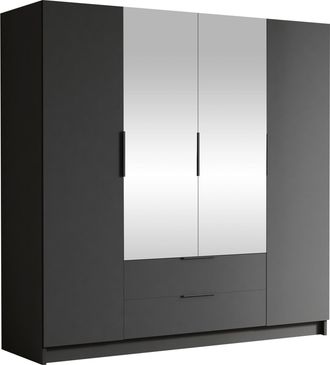 Mirjan24 Kleiderschrank mit Spiegel Sozor II 200, Schrank, Garderobe, Organizer, 4-türig, 2 Schubladen für mehr Stauraum, Aluminiumgriffe, gedämpftem Schließsy
