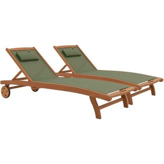 Oviala Oviala - Lot de 2 bains de soleil en bois inclinable avec roues vert sauge