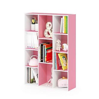 Furinno Luder 11-Cube Wende-Bücherregal mit offenem Regal, Weiß/Rosa