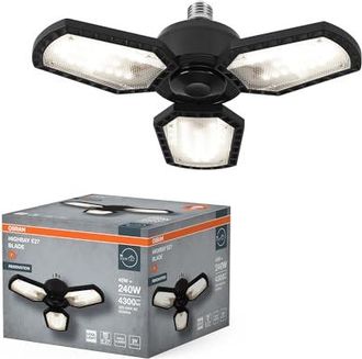 Osram Highbay Blade Deckenlampe in Schwarz, Aluminium, mit verstellbaren Lichtflügeln, bietet 40 W bzw. 4300 lm in Neutralweiß mit 4000 K, E27 Schraubgewind