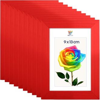 MG Design 10er Set Bilderrahmen 9 x 13 cm - Fotorahmen mit Rot Echtholzrahmen und bruchsicherem Acrylglas, Hoch & Quer zum Aufh&auml;ngen, zum Aufstellen