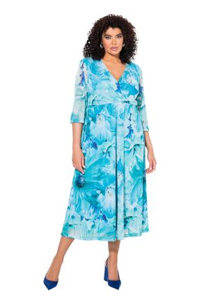 Ulla Popken Damen große Größen Übergrößen Plus Size Mesh-Maxikleid, Blüten, V-Ausschnitt, 3/4-Ärmel royal blau 50+ 839930767-50+