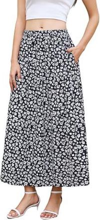 Zeagoo Maxi Jupes Femme Elastique Taille Haute Jupe dété Longue Elégante Flowy Rock avec Poches Blanc Fleurs XXL