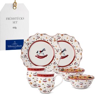 Villeroy & Boch Toys Delight Fr&uuml;hst&uuml;cks-Set f&uuml;r 2 Schaukelpferd 6-teilig Bunt, Weihnachten, Geschirr Set mit Fr&uuml;hst&uuml;ckstellern, Tassen und Sch&uuml;sseln, Weihnachtsgeschi