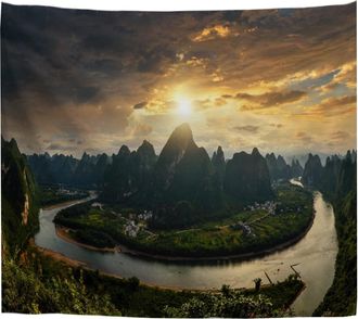 A.Monamour Wandteppich Xianggong-Hügellandschaft Li-Fluss Und Karstberge In Guilin China Stoff Tuch Tapisserie Wandbehang Wanddeko Wandkunst Wandbilder Wandtuch 