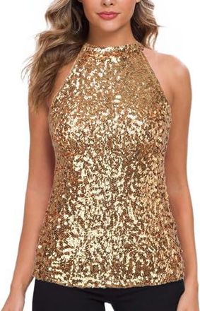 Generico Débardeur à paillettes pour femme - Sans manches - Avec perles, or, Taille Unique