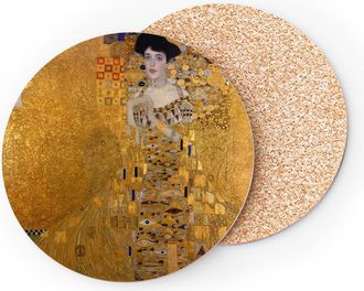 Fabulous Untersetzer aus rundem Glas, Basis Kork - Gustav Klimt Portrait von Adèle Bloch Bauer I Art Vintage Original Gold - 1 Stück (95 x 95 mm)