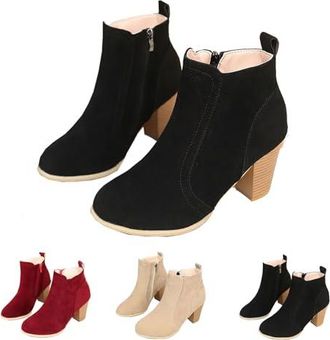 Generic Bottines à enfiler pour femme, bout rond, en daim, talons hauts, chaussures habillées formelles daffaires avec fermeture éclair latérale, Noir, 38.5 E