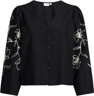 Vila Chemise fleurs brod&eacute;es sur manches en coton et lin m&eacute;lang&eacute;s