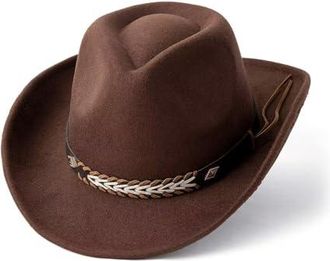 Generic Chapeau de cowboy occidental &agrave; bord moyen en laine de style ethnique pour les costumes de performance en plein air et les loisirs (Coffee, taille uniq