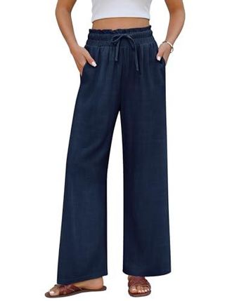 Heekpek Pantalon d&eacute;t&eacute; en lin pour femme - L&eacute;ger et a&eacute;r&eacute; - Coton et lin - Jambes larges - Pantalon d&eacute;t&eacute; ample - Pantalon de loisirs - &Eacute;lastique - Taille haute 