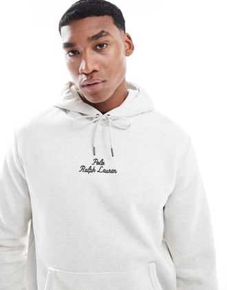 Polo Ralph Lauren Doppelstrick-Kapuzenpullover in meliertem Steingrau mit mittigem Logo-Schriftzug-Neutral