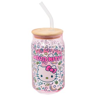 Silver Buffalo Sanrio Hello Kitty Glasbecher mit Bambusdeckel und Glasstrohhalm, Neonfr&uuml;chte, Regenbogen und Herzen, 473 ml