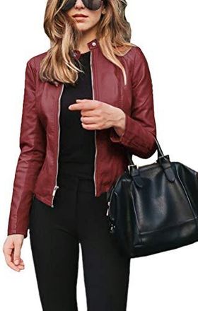ORANDESIGNE Veste De Motard Ultra-Elegante en Cuir PU Super Doux Femmes Biker Court Blousons Slim Moto Style Manteau Rouge 34